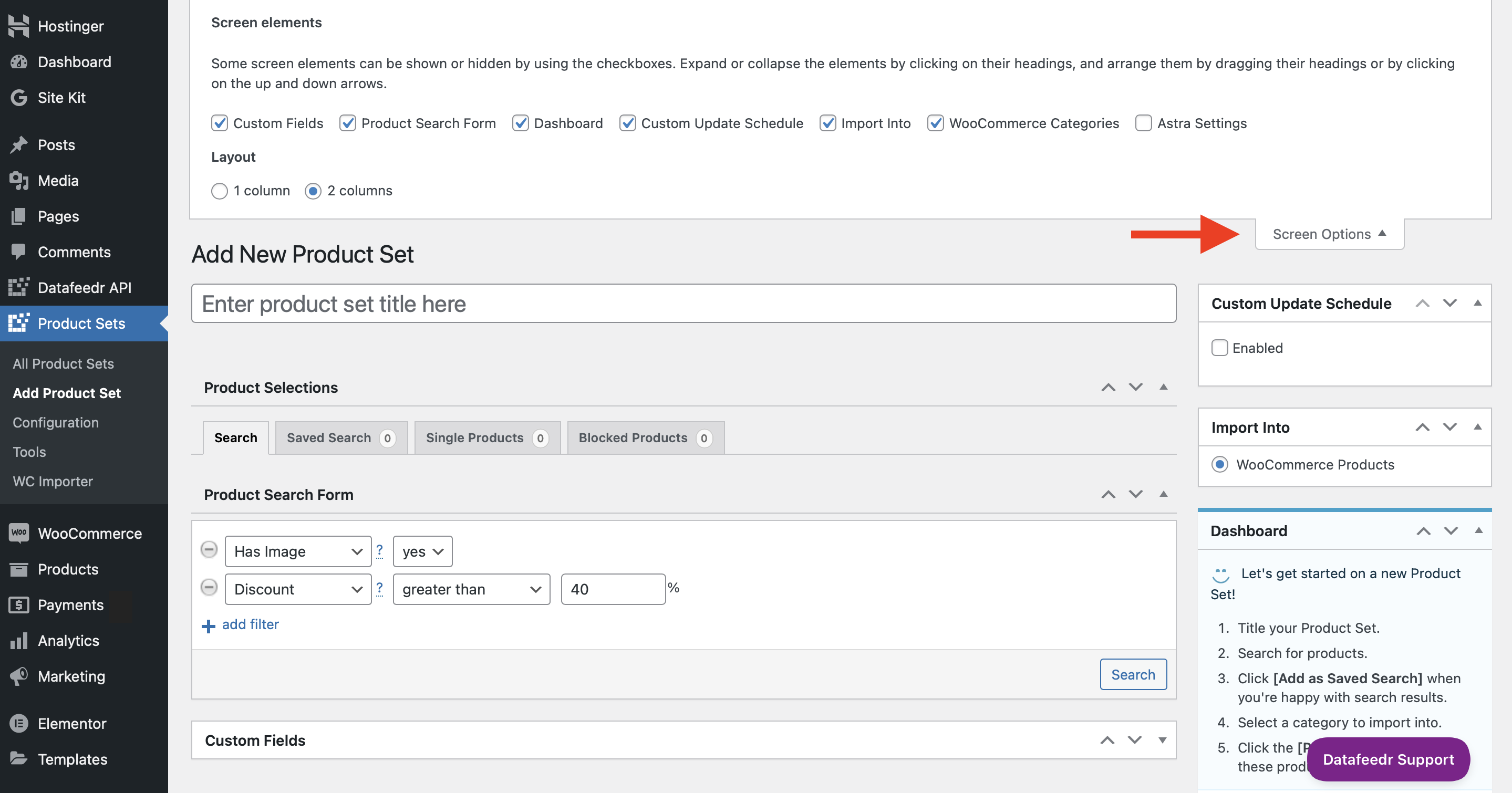 Customize "Add New Product Set" Page Layout